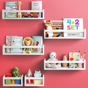 homey panda 4+2 floating nursery book shelves for wall: 4 long & 2 mini shelves, bookshelf for kids & baby bookshelf, nursery book shelf for kids rooms. nursery bookshelf (6-in-1 white)