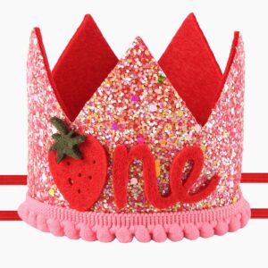 peutier strawberry 1st birthday hat for baby girls, pink sequin berry headwear first birthday decoration sweet one 1st birthday headband for baby shower party decor photo props