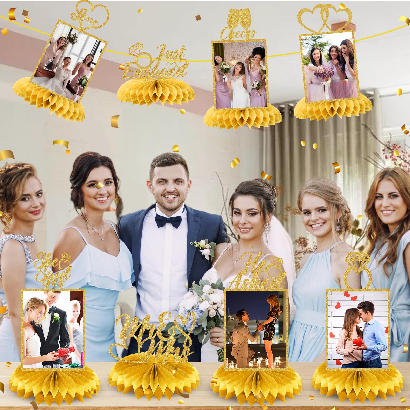 Gold Engagement Party Decorations Just Engaged Photo Table Centerpieces Gold Glitter Bridal Shower Table Topper Party Supplies He Asked, She Said Yes Honeycomb Centerpieces Wedding Engagement Decor