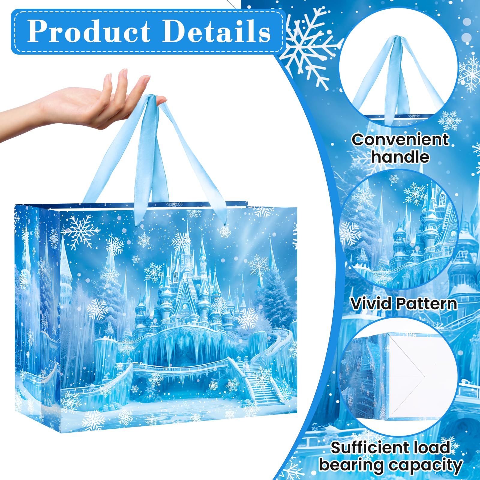 Large Frozen Gift Bag Snowflake Winter Birthday Favors Bags with Greeting Card and Tissue Paper Frozen Snowflake Castle Wrapping Paper Bags for Kids Girls Boys Birthday Party Decorations Supplies