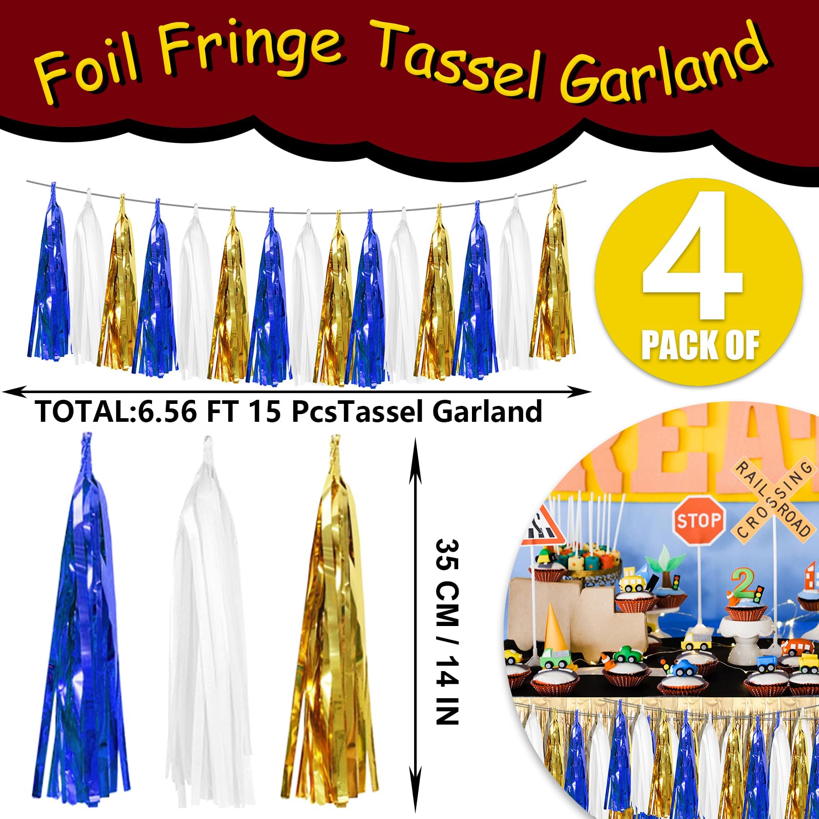 4 Pack Navy-Blue White and Gold Foil Fringe Tassel Banner Garland Metallic Tinsel Streamers Wall Hanging Curtain Backdrop Banners for Parade Floats, 2024 Graduation, Retirement Party Decoratio