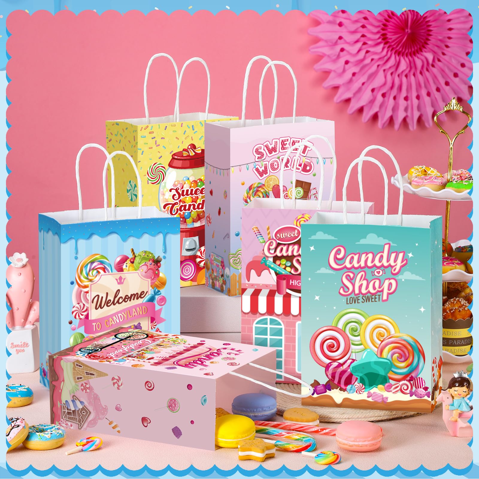 Sinload 24 Pcs Candy Sweet Land Goodie Bags with Handles Lollipop Gift Bags Candy Party Favors Bags Sweet Candy Treat Bags Candy Shop Theme Bags for School Birthday Wedding Baby Shower Party Decor