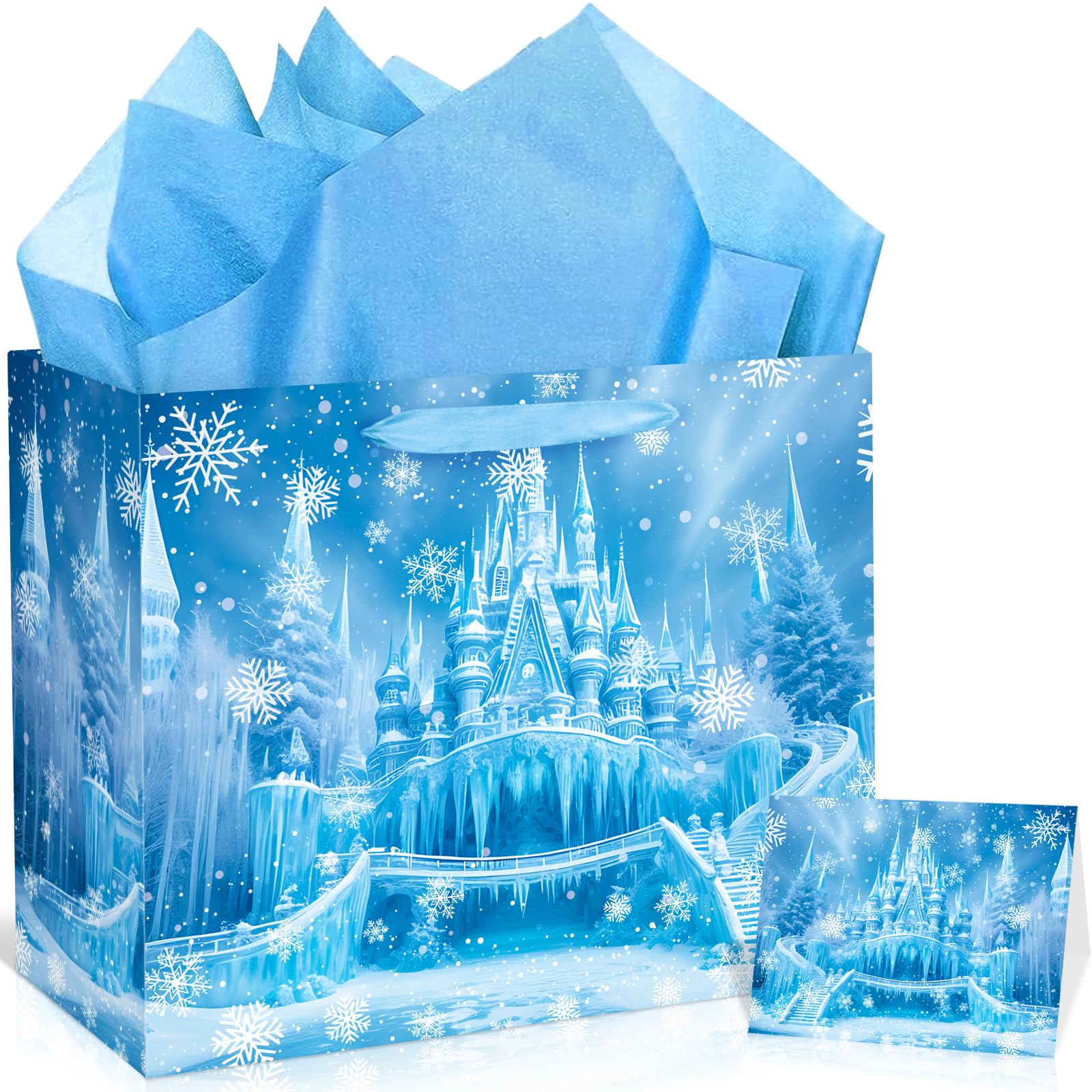 Large Frozen Gift Bag Snowflake Winter Birthday Favors Bags with Greeting Card and Tissue Paper Frozen Snowflake Castle Wrapping Paper Bags for Kids Girls Boys Birthday Party Decorations Supplies