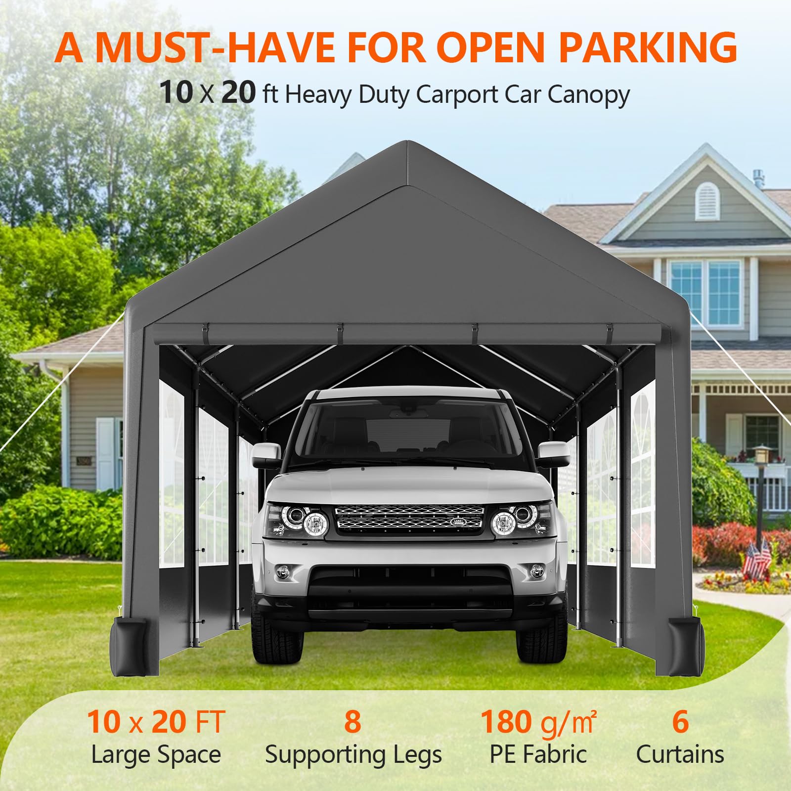 GarveeLife 10 * 20 Heavy Duty Carport Canopy, Portable Car Tent Garage with 6 Roll-up Windows and All-Season Tarp Cover, Metal Roof & 4 Sandbags for Car, SUV, Truck & Boat, Grey