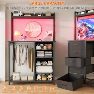 Cyclysio Dresser for Bedroom with Hutch & Clothes Rack, 70'' Tall 5 Drawers Dresser with Shelves, Black Dresser Closet with Charging Station & LED Lights, TV Stand Dresser with Hooks, Bedroom, Closet