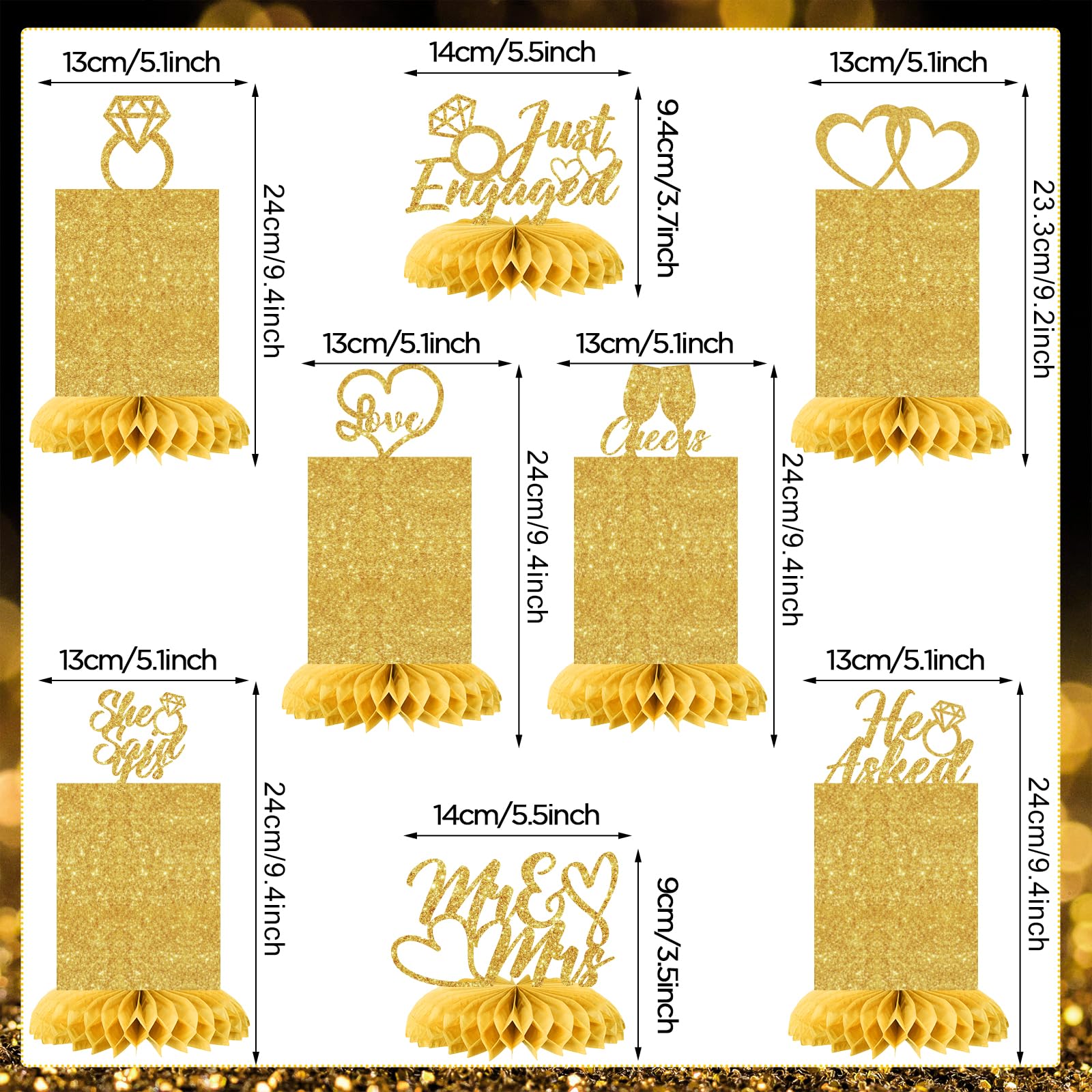 Gold Engagement Party Decorations Just Engaged Photo Table Centerpieces Gold Glitter Bridal Shower Table Topper Party Supplies He Asked, She Said Yes Honeycomb Centerpieces Wedding Engagement Decor