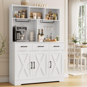 HOSTACK Buffet Cabinet with Hutch, Modern Farmhouse Kitchen Buffet Sideboard Storage Cabinet with 3 Drawers, Barn Door Coffee Bar Station, Liquor Cabinet for Dining Room, Living Room, White