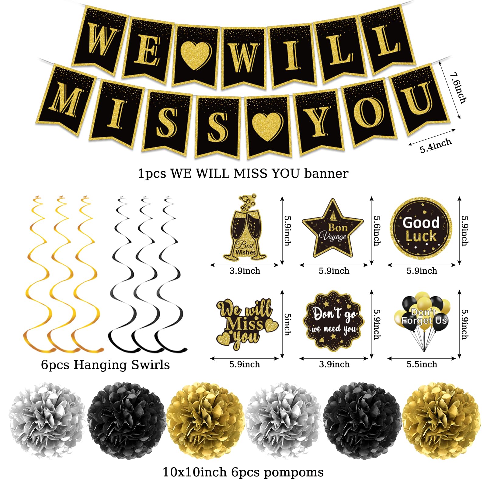 We Will Miss You Party Decorations for Men Women, Black Gold Farewell Party Supplies - Rude That You'Re Leaving But Ok Banner Hanging Swirls Pompoms，Great for Retirement Going Away Job Change Party