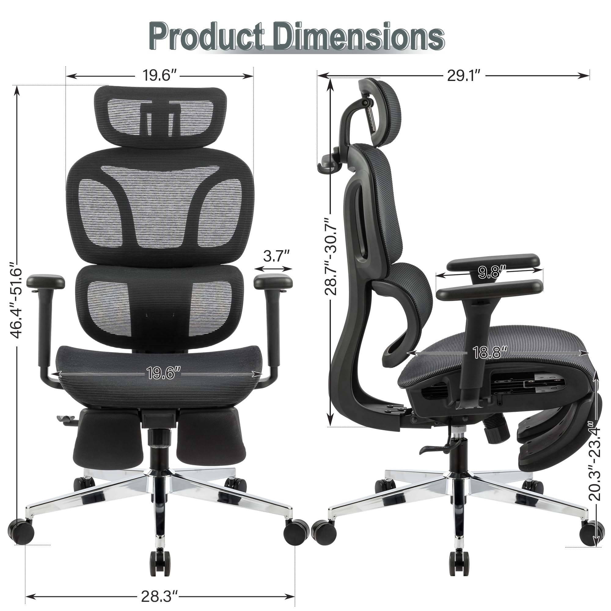 Ergonomic Office Chair with Footrest, Coat Hanger, Breathable All Mesh Home Office Desk Chair, Big and Tall Computer Chair with Metal Legs, Dynamic Lumbar Support, 4D Armrest, 3D Headrest, Black