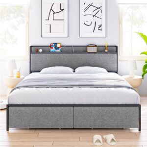 garveehome full size bed frame with 2 drawers and shelf headboard, charging station with usb port & outlets, upholstered heavy duty platform bed with storage, no box spring needed, light grey