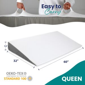 Under Mattress Wedge for Acid Reflux, Queen Size Bed Wedge, Under Mattress Support & Mattress Riser, Memory Foam Top 7.5-Inch Head Riser Incline Topper, Non-Slip Bottom & Side Storage Pockets