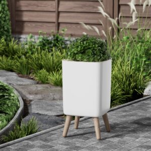 todaygo nordic trash can with plant styled lid, 2.6gal/10l small bathroom trash can dog proof, decorative modern plastic waste basket for office, study room, outside pet waste container,cream white