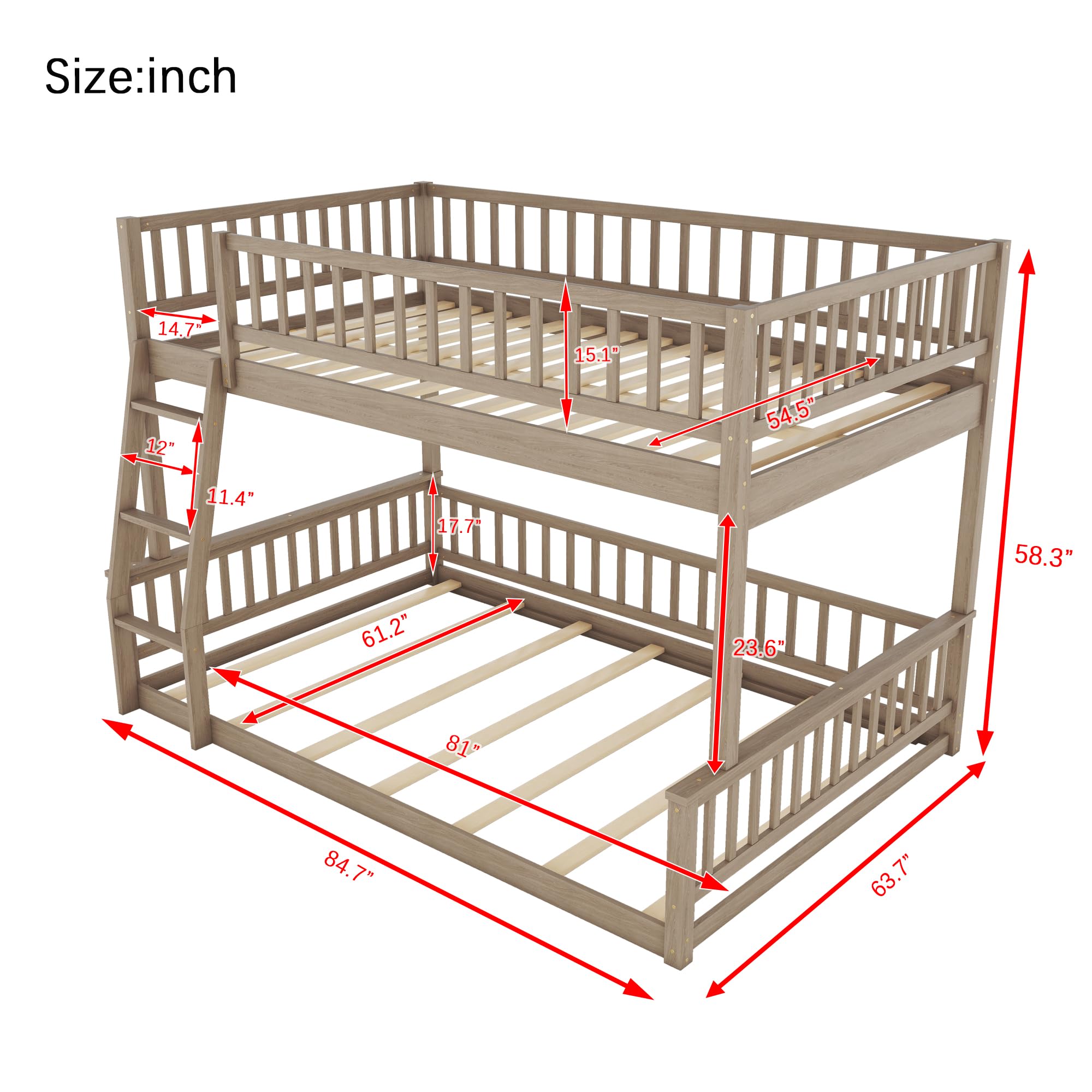 CITYLIGHT Full XL Over Queen Bunk Beds for Adults and Teens, Wood Bunk Bed Full Over Queen with Ladder and Guardrails,Detachable Bunk Bed for Boys Girls,Walnut