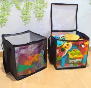 sam and mabel portable 2-pack cube storage bins - 27l pvc boxes with transparent top and sides - durable and foldable multipurpose storage for toys, clothes, deco (black)