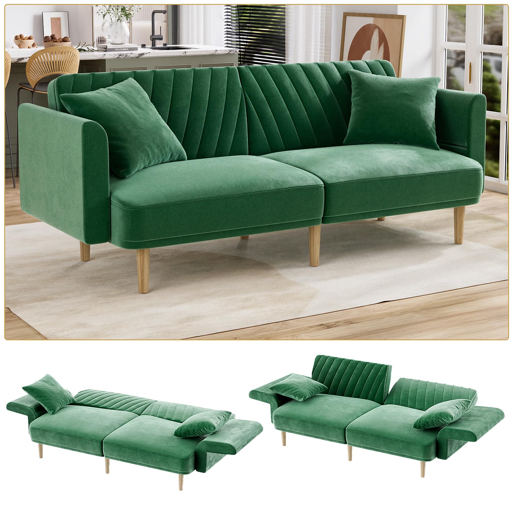 OUYESSIR Velvet Futon Sofa Bed, 75.3" Couch Small Sofa, Loveseat, Convertible Futon Sleeper Sofa with Folding Armrests, Modern Couch for Bedroom, Living Room, Emerald Green