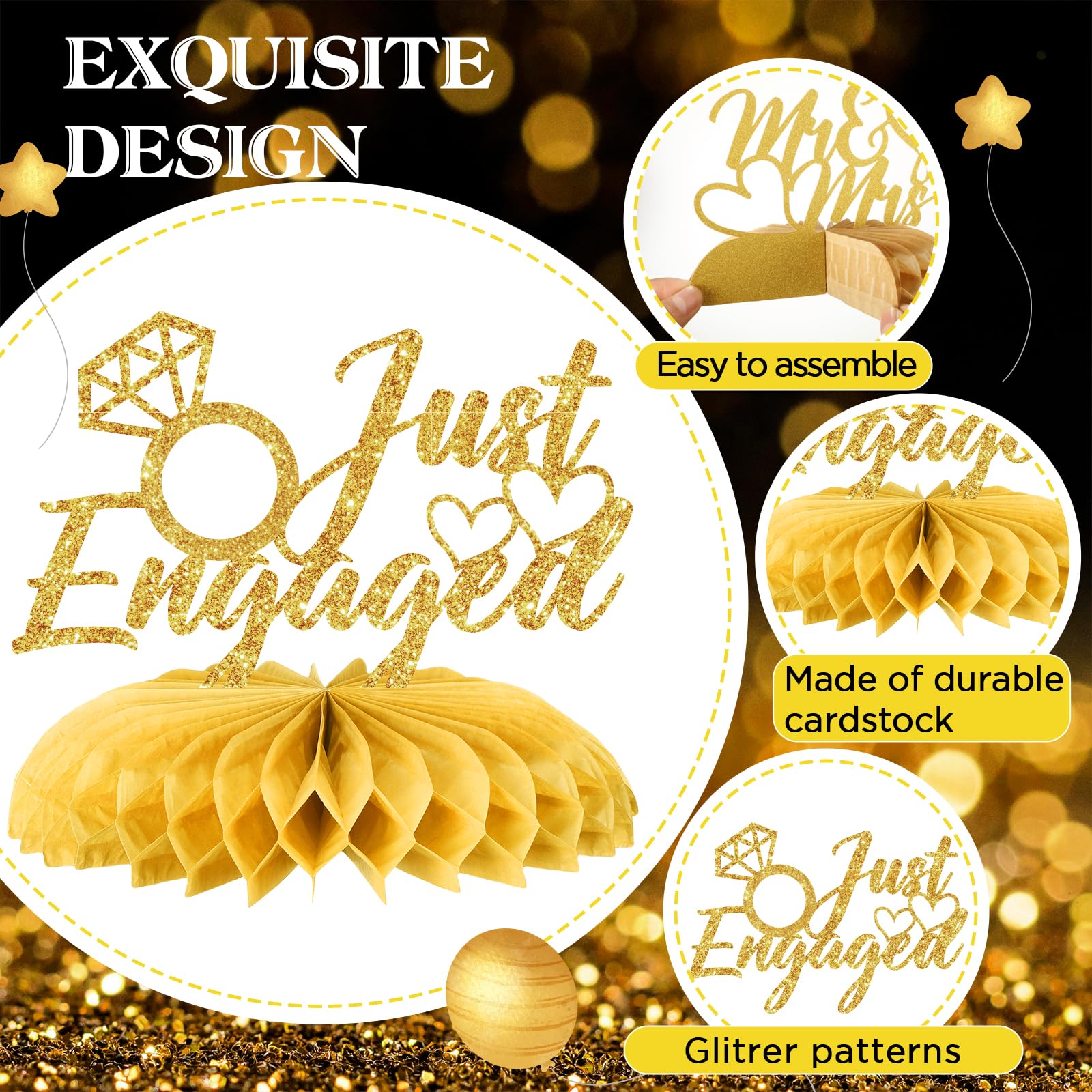 Gold Engagement Party Decorations Just Engaged Photo Table Centerpieces Gold Glitter Bridal Shower Table Topper Party Supplies He Asked, She Said Yes Honeycomb Centerpieces Wedding Engagement Decor