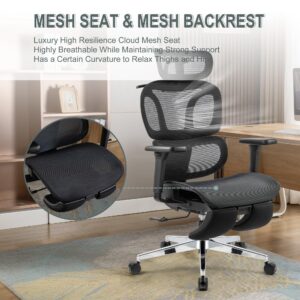 Ergonomic Office Chair with Footrest, Coat Hanger, Breathable All Mesh Home Office Desk Chair, Big and Tall Computer Chair with Metal Legs, Dynamic Lumbar Support, 4D Armrest, 3D Headrest, Black