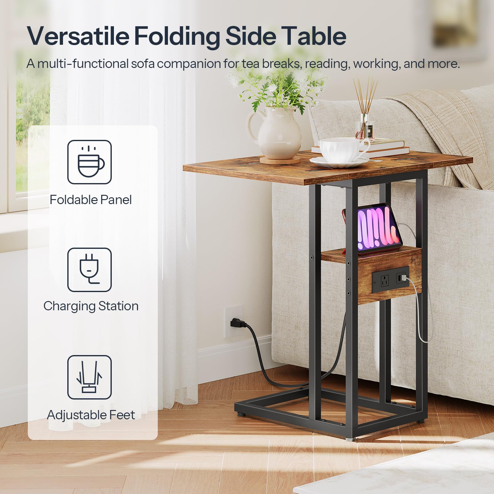 HOOBRO Foldable End Table, C Shaped Side Table with Charging Station, Sofa Couch Table That Slide Under for Living Room Bedroom Small Spaces, Easy Assembly, Rustic Brown and Black BF29USF01