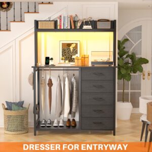 Cyclysio Dresser for Bedroom with Hutch & Clothes Rack, 70'' Tall 5 Drawers Dresser with Shelves, Black Dresser Closet with Charging Station & LED Lights, TV Stand Dresser with Hooks, Bedroom, Closet