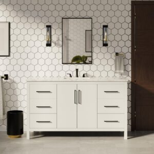 kitchen bath collection copenhagen 60-inch single bathroom vanity (engineered marble/white): includes white cabinet with engineered marble countertop and white ceramic sink