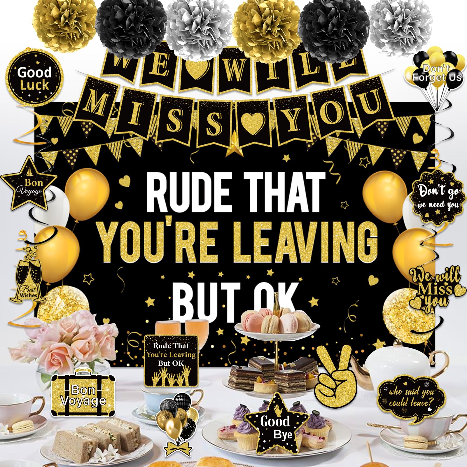 We Will Miss You Party Decorations for Men Women, Black Gold Farewell Party Supplies - Rude That You'Re Leaving But Ok Banner Hanging Swirls Pompoms，Great for Retirement Going Away Job Change Party