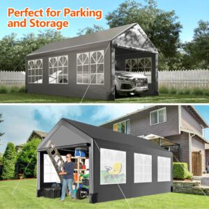 GarveeLife 10 * 20 Heavy Duty Carport Canopy, Portable Car Tent Garage with 6 Roll-up Windows and All-Season Tarp Cover, Metal Roof & 4 Sandbags for Car, SUV, Truck & Boat, Grey