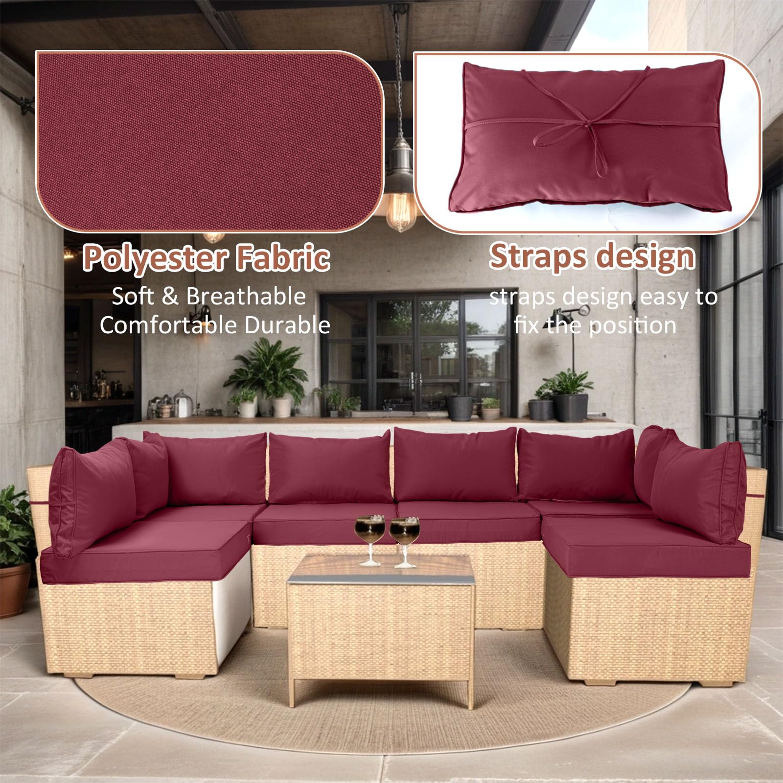 Hsohriif Outdoor Sectional Cushions Cover, 14 Piece Patio Cushion Covers Replacement, Fits 6 Seat Wicker Rattan Couch Furniture, Conversation Set, Waterproof Slipcovers with Zipper, Medium,Burgundy