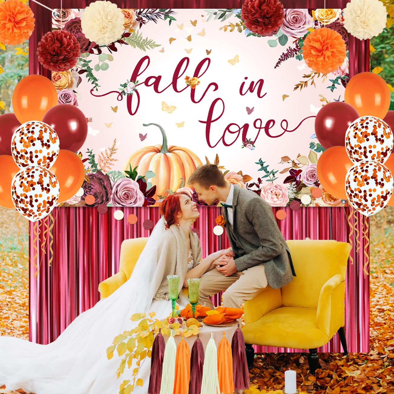 Fall in Love Bridal Shower Decorations Fall Wedding Decorations Floral Pumpkin Fall in Love Banner Bridal Shower Balloons Paper Pom Poms Fringe Curtain for Wedding Bachelorette Party Decorations