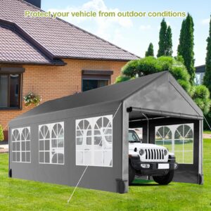 10x20FT Carport, Heavy Duty Carport Canopy with 4 Load-bearing Sandbags, Roll Up Mesh Window, PE Waterproof Canopy, Reinforced steel pipes 1.3mm Tube Wall Thickness for Cars, Truck (Grey)