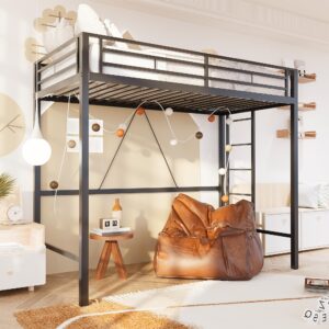 SUNLEI Loft Bed Twin Size with a Removable Ladder, Metal Twin Loft Bed with Safety Guard, Space-Saving Bed Frame, Noise Free for Small Bedroom, Black