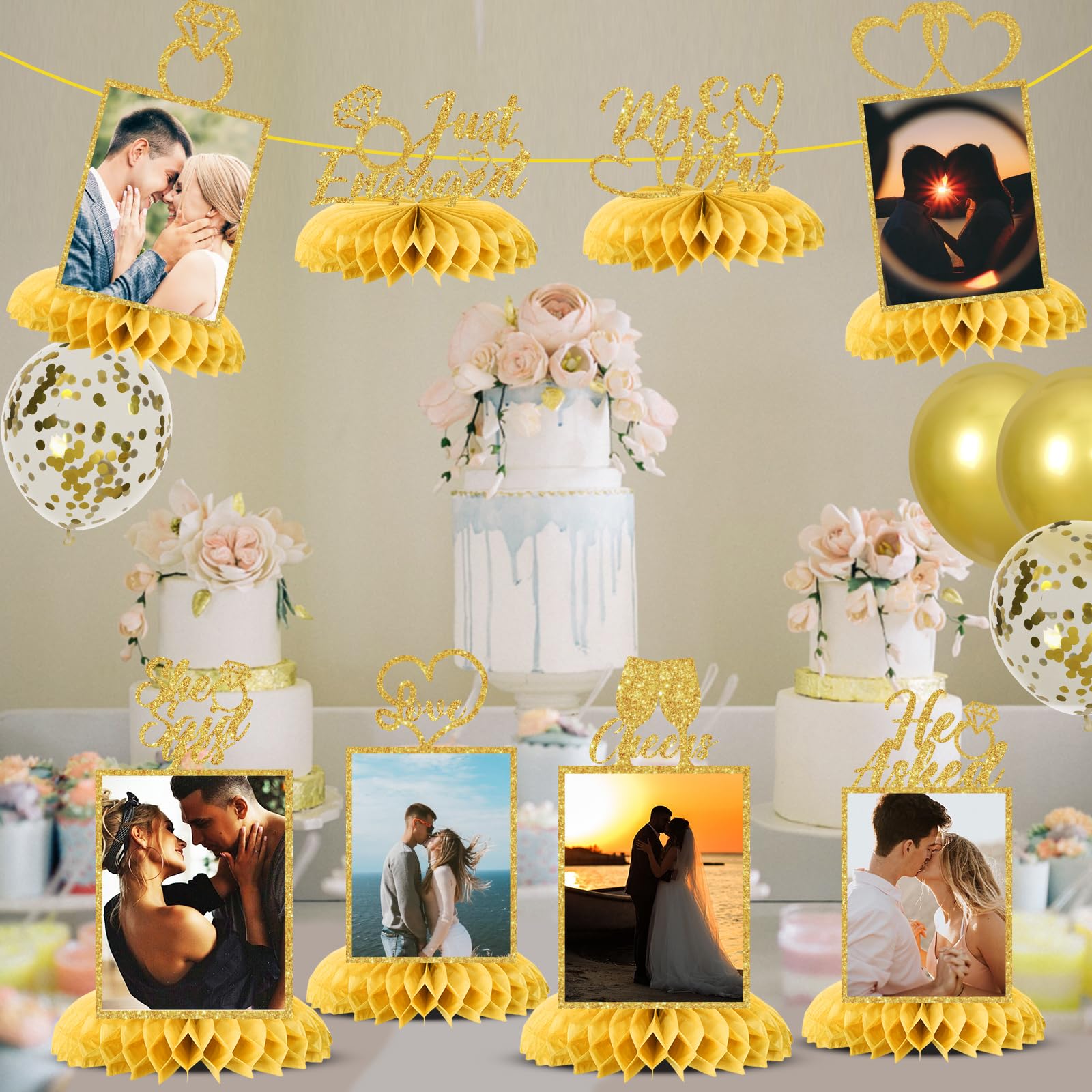 Gold Engagement Party Decorations Just Engaged Photo Table Centerpieces Gold Glitter Bridal Shower Table Topper Party Supplies He Asked, She Said Yes Honeycomb Centerpieces Wedding Engagement Decor