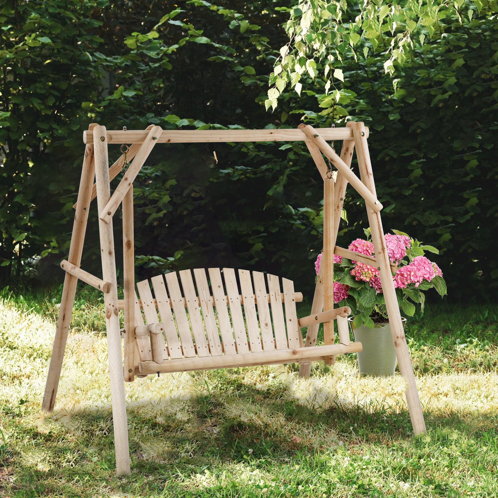 Swing and Swing Frame Combination Porch Swing with Stand Log Swing Stand 67 Inch Wooden Porch Swing A-Frame Backyard Swing Chair Outdoor Rustic Curved Garden Swing Bench, Nature