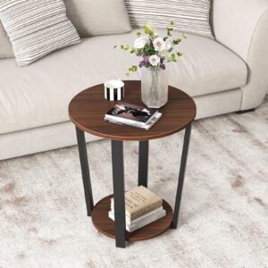 Giantex Round End Table Set of 2, 2-Tier Side Sofa Table with Open Storage Shelf and Metal Frame, Industrial Nightstand Bedside Table for Living Room, Bedroom, Small Space, Accent Furniture, Walnut