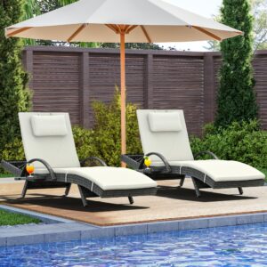 yitahome patio chaise lounge chair set of 2, wicker chaise lounge outdoor rattan reclining chair with armrests/pull-out cup holder/5-position backrest/cushion & headrest-beige