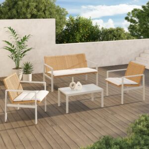 grand patio outdoor furniture set, 4-piece wicker patio furniture set with beige cushions, modern metal conversation loveseat chairs with glass top coffee table for porch deck backyard balcony