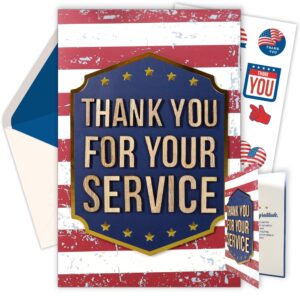 decorably gold-foiled individual thank you for your service card with wooden letters on die-cut badge, 5x7in veteran thank you cards set with envelope & stickers, veteran card with printed message