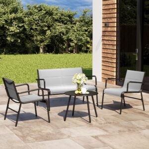 east oak 4 seats outdoor furniture set, waterproof patio furniture set, patio loveseat with coffee table for garden or porch, 4-piece patio conversation sets for balcony in grey