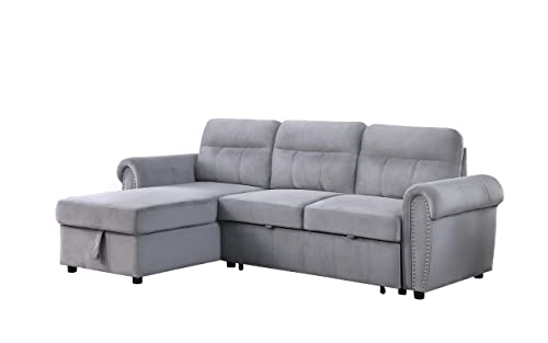 FANYE L-Shaped Oversized Reversible Convertible Tufted Sleeper Sectional Sofa with Pull Out Sleeper Couch Bed,Nailhead Decor Armrests and Storage Chaise for Living Room, Grey Velvet Sofabed