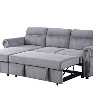 FANYE L-Shaped Oversized Reversible Convertible Tufted Sleeper Sectional Sofa with Pull Out Sleeper Couch Bed,Nailhead Decor Armrests and Storage Chaise for Living Room, Grey Velvet Sofabed