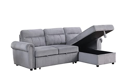 FANYE L-Shaped Oversized Reversible Convertible Tufted Sleeper Sectional Sofa with Pull Out Sleeper Couch Bed,Nailhead Decor Armrests and Storage Chaise for Living Room, Grey Velvet Sofabed