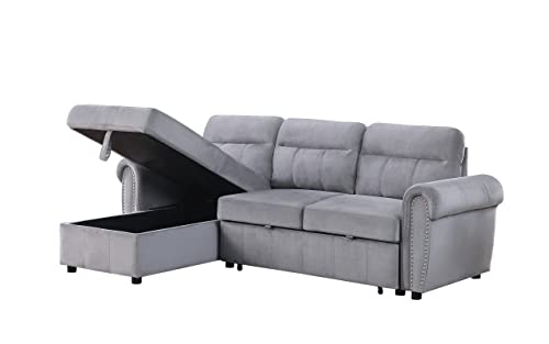 FANYE L-Shaped Oversized Reversible Convertible Tufted Sleeper Sectional Sofa with Pull Out Sleeper Couch Bed,Nailhead Decor Armrests and Storage Chaise for Living Room, Grey Velvet Sofabed