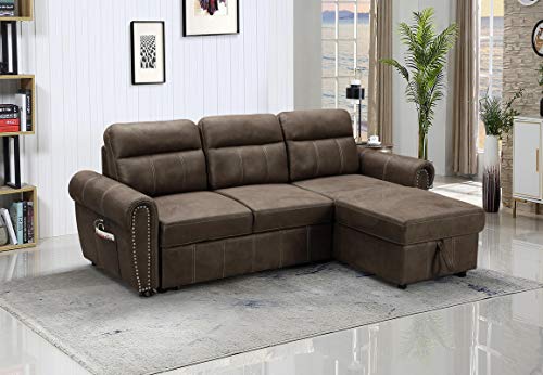 ERYE L-Shaped Oversized Reversible Convertible Tufted Sleeper Sectional Sofa with Pull Out Sleeper Couch Bed,USB Ports, Nailhead Decor Armrests and Storage Chaise for Living Room