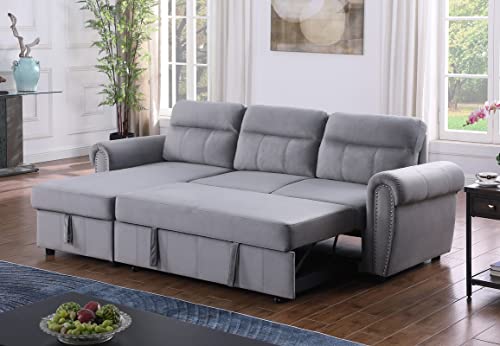 FANYE L-Shaped Oversized Reversible Convertible Tufted Sleeper Sectional Sofa with Pull Out Sleeper Couch Bed,Nailhead Decor Armrests and Storage Chaise for Living Room, Grey Velvet Sofabed