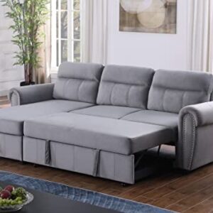 ERYE L-Shaped Oversized Reversible Convertible Tufted Sleeper Sectional Sofa with Pull Out Sleeper Couch Bed,Nailhead Decor Armrests and Storage Chaise for Living Room, Grey Velvet Sofabed