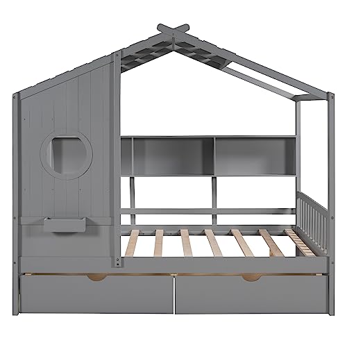 BOVZA Full Size House Bed with 2 Storage Drawers, Kids Bed with Storage Shelf, Wooden House Bed with Roof for Kids Boys Girls Teens, Gray