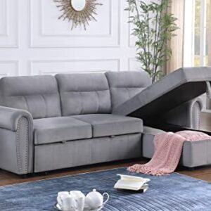 ERYE L-Shaped Oversized Reversible Convertible Tufted Sleeper Sectional Sofa with Pull Out Sleeper Couch Bed,Nailhead Decor Armrests and Storage Chaise for Living Room, Grey Velvet Sofabed