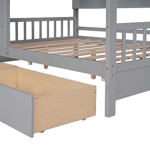 BOVZA Full Size House Bed with 2 Storage Drawers, Kids Bed with Storage Shelf, Wooden House Bed with Roof for Kids Boys Girls Teens, Gray