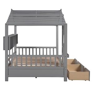 BOVZA Full Size House Bed with 2 Storage Drawers, Kids Bed with Storage Shelf, Wooden House Bed with Roof for Kids Boys Girls Teens, Gray