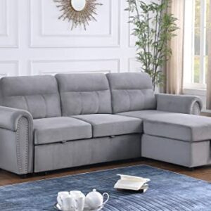 ERYE L-Shaped Oversized Reversible Convertible Tufted Sleeper Sectional Sofa with Pull Out Sleeper Couch Bed,Nailhead Decor Armrests and Storage Chaise for Living Room, Grey Velvet Sofabed