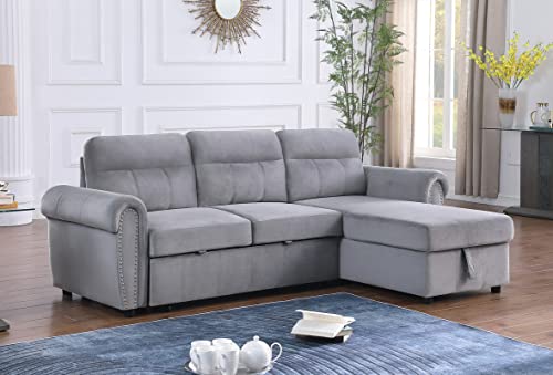 ERYE L-Shaped Oversized Reversible Convertible Tufted Sleeper Sectional Sofa with Pull Out Sleeper Couch Bed,Nailhead Decor Armrests and Storage Chaise for Living Room, Grey Velvet Sofabed